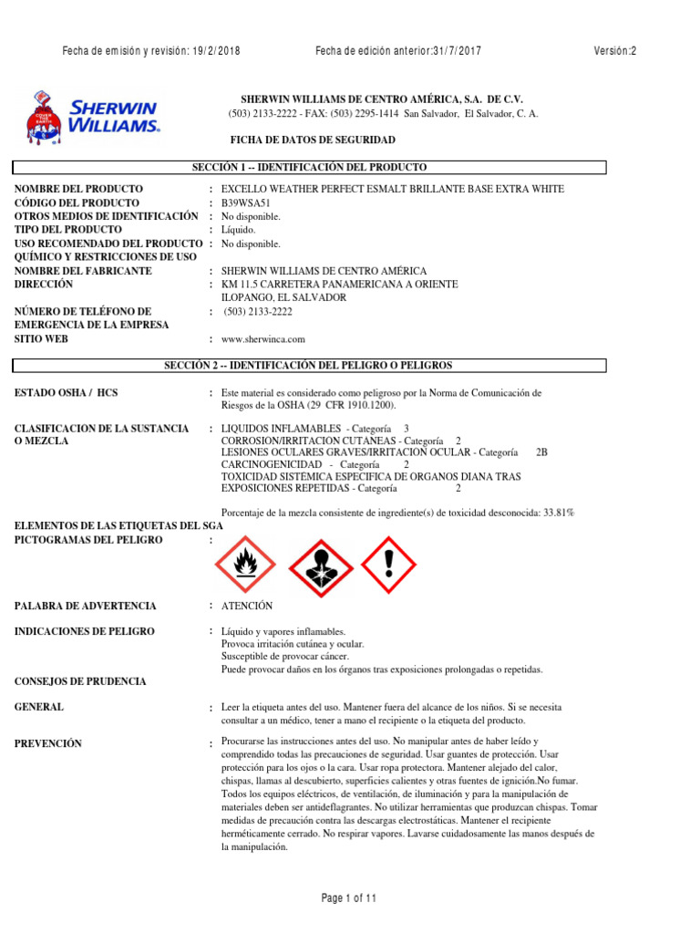 Excello Weather Perfect: Ficha de Seguridad | PDF | Agua | Residuos