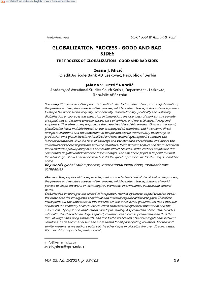 Globalization Process - Good and Bad Sides: UDC: 339.9 JEL: F60, F23 | PDF | Globalization ...