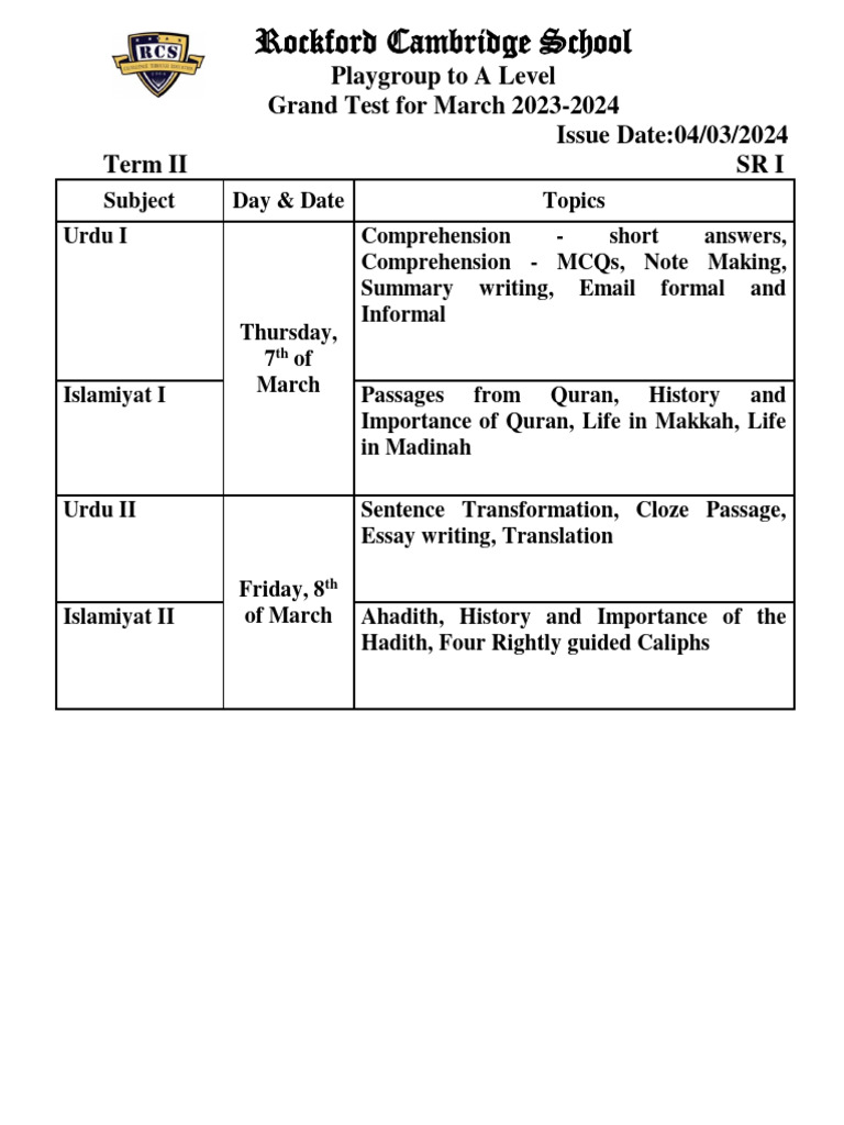 Rockford Cambridge School March 2024 Test Guide | PDF