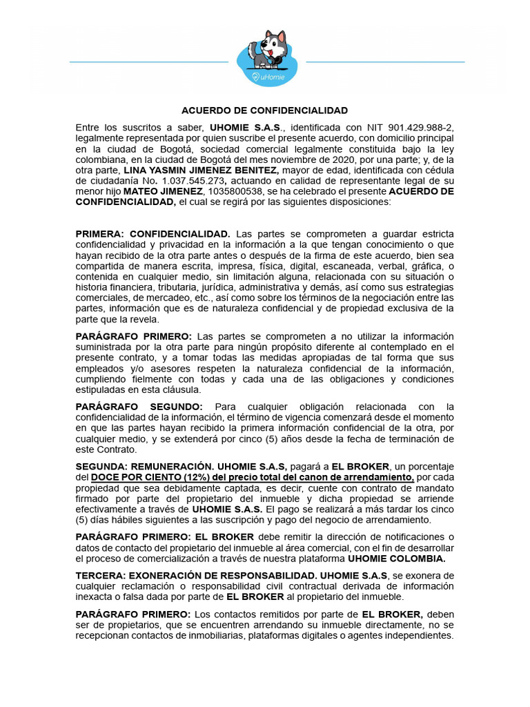 Acuerdo de Confidencialidad - Lina Yasmin Jimenez Benitez | PDF | Propiedad | Acuerdo de no ...