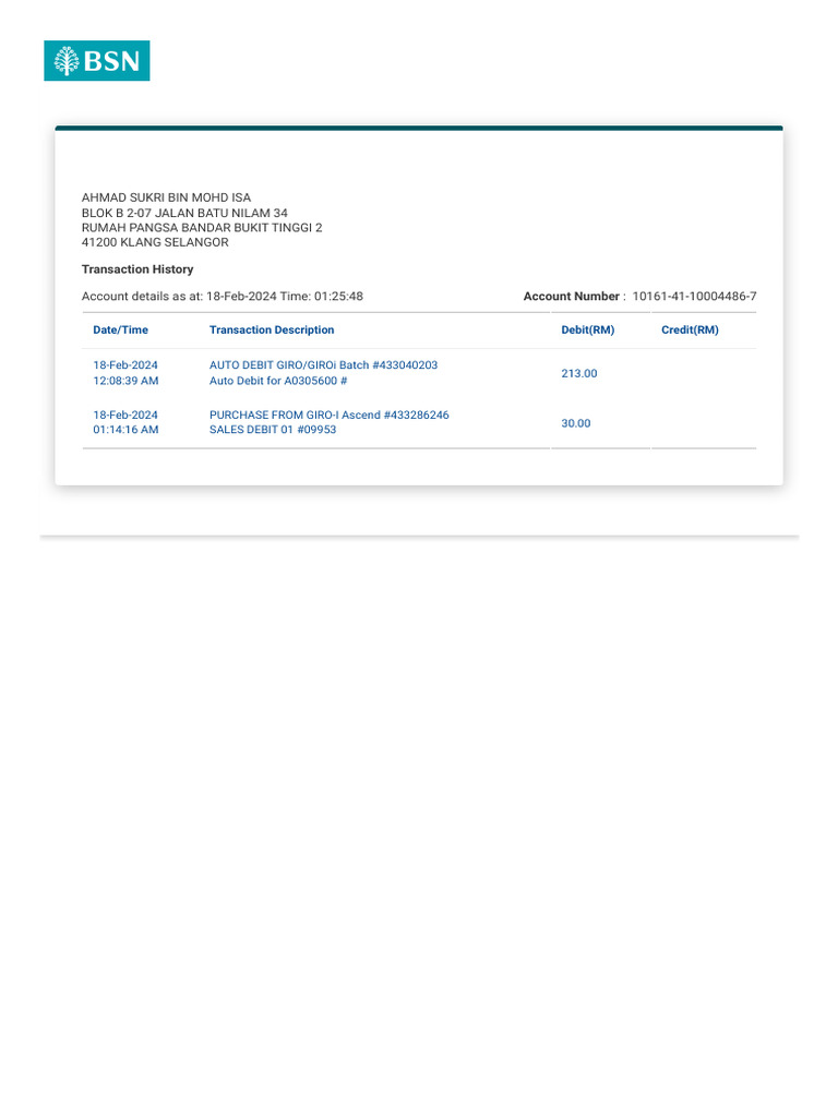 MyBSN - Transaction History - Bank Simpanan Nasional | PDF
