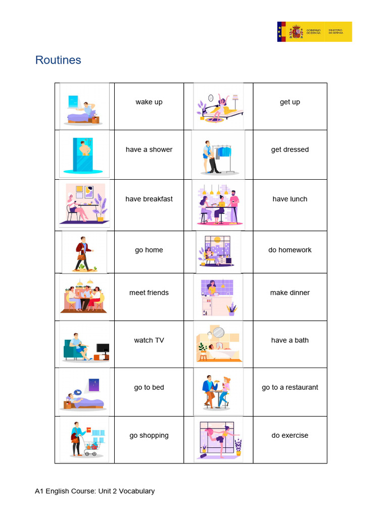 A1 U2 Vocabulary - Daily Routines | PDF