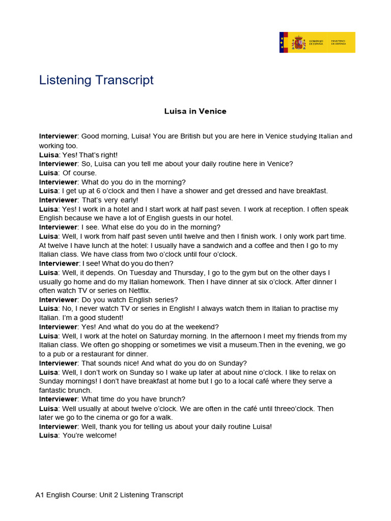 A1 U2 Listening Transcript | PDF