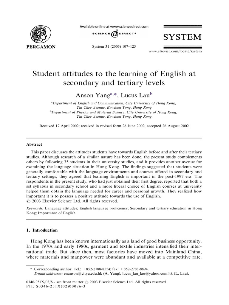 Student Attitudes To The Learning of English at Secondary and Tertiary Levels | PDF | Learning ...
