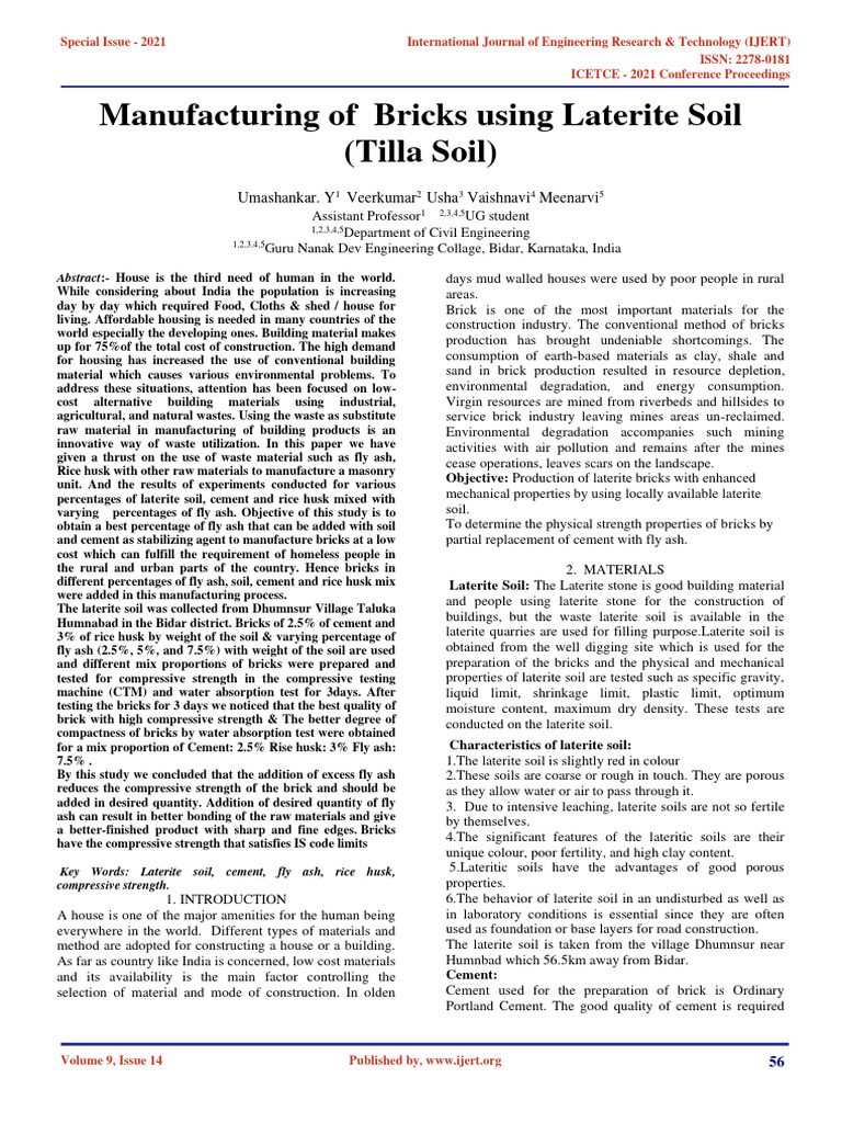 Manufacturing of Bricks Using Laterite Soil Tilla Soil ...