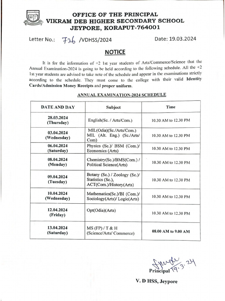 Annual Exam-2024 Schedule of +2 1st Year | PDF
