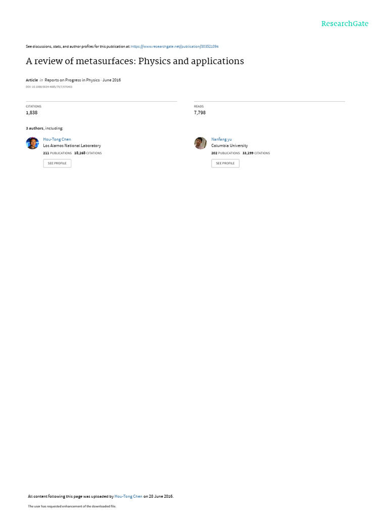 Metasurfaces: Physics and Applications Review | PDF | Metamaterial ...