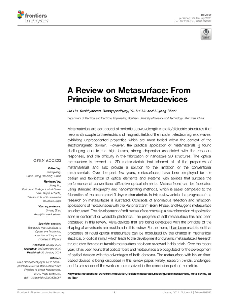 A Review On Metasurface - From Principle To Smart Metadevices | PDF ...