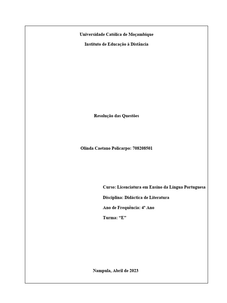 1º Trabalho Didic. Literatura. Olinda UCM 2023 | PDF | Aprendizado | Pedagogia