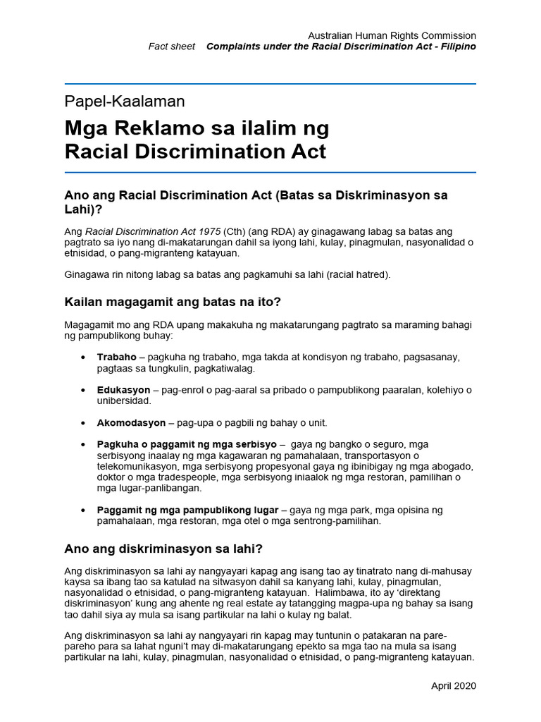 Complaints Under The Racial Discrimination Act Filipino 27 04 2020 | PDF