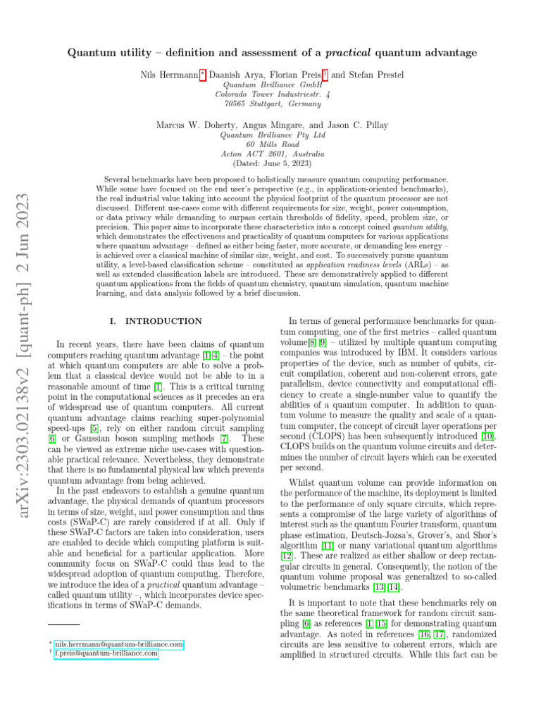 Quantum Utility - Definition and Assessment of A Practical Quantum Advantage | Download Free PDF ...