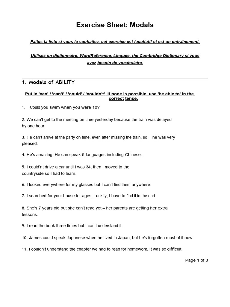 Exercise Sheet - Modals (4ème) | PDF | Language Arts & Discipline