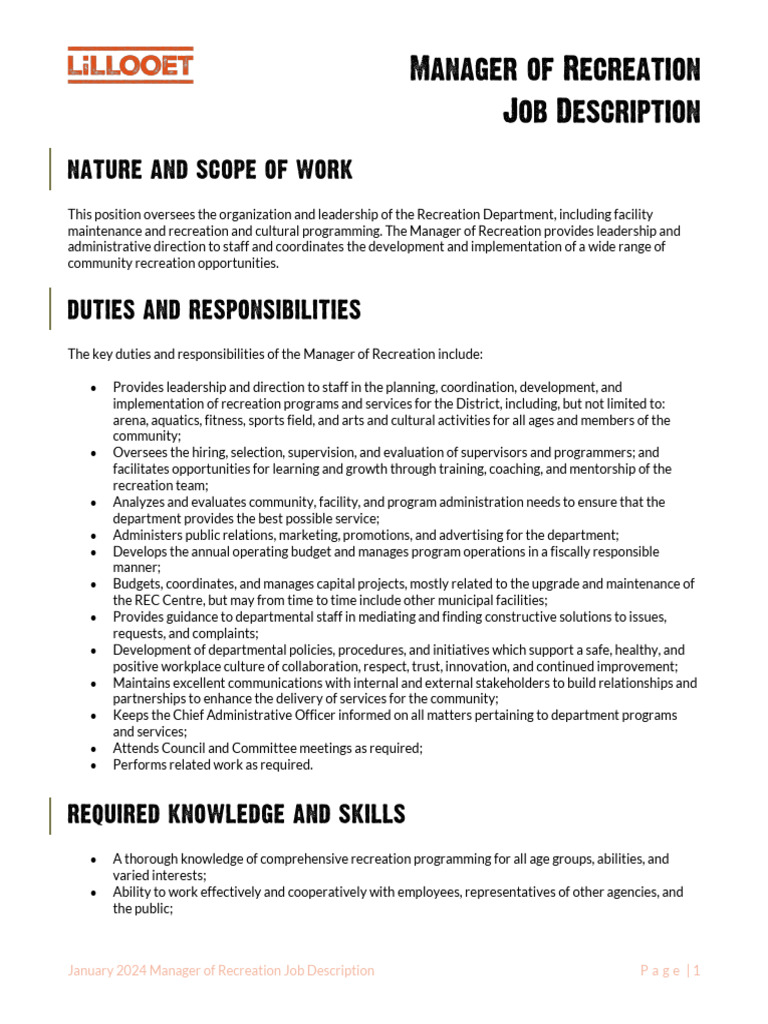 Manager of Recreation Job Description | PDF | Leadership | Business