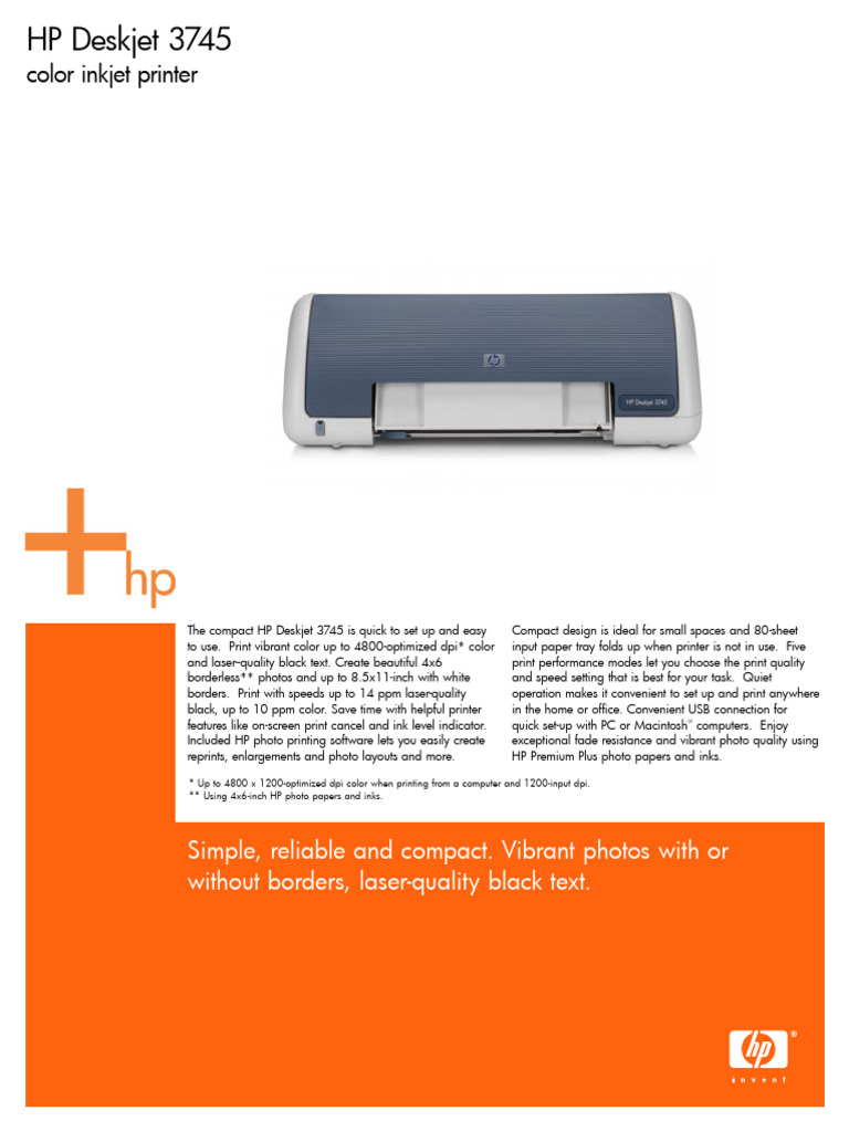 HP Deskjet 3745 Color Inkjet Printer | PDF | Printer (Computing ...