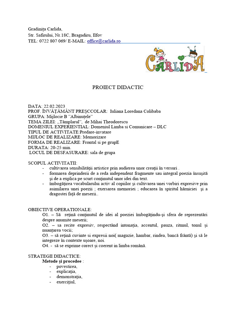 Proiect Didactic DLC "Tâmplarul" | PDF