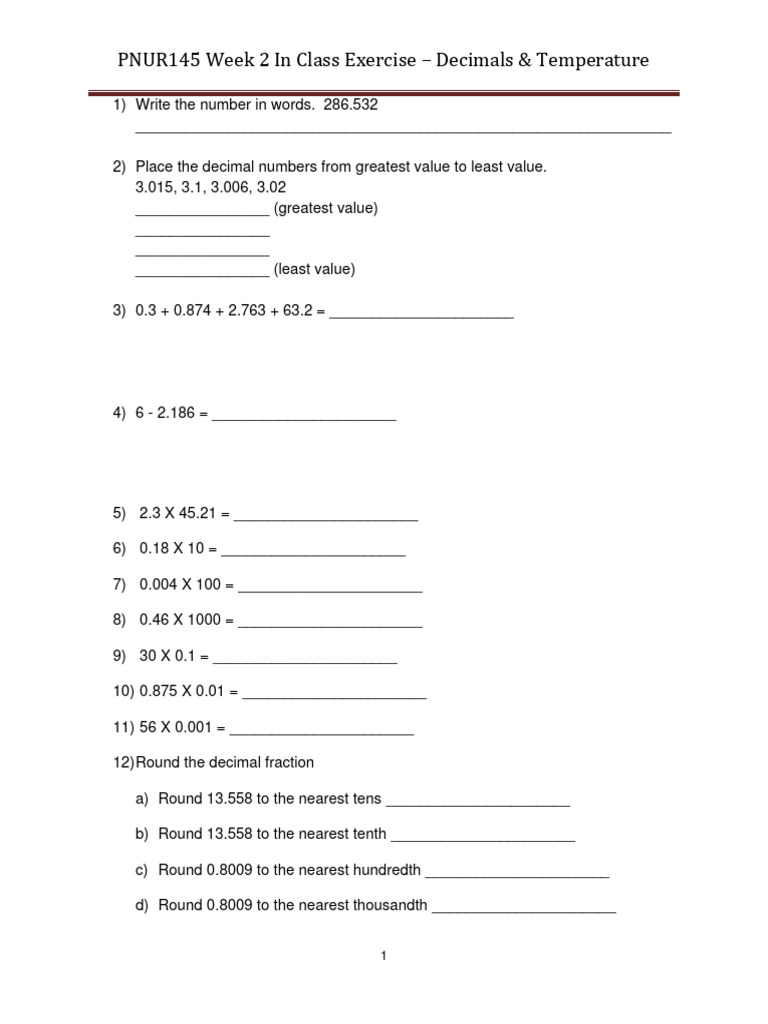 Week 2 Decimals & Temperature | PDF | Fahrenheit | Arithmetic