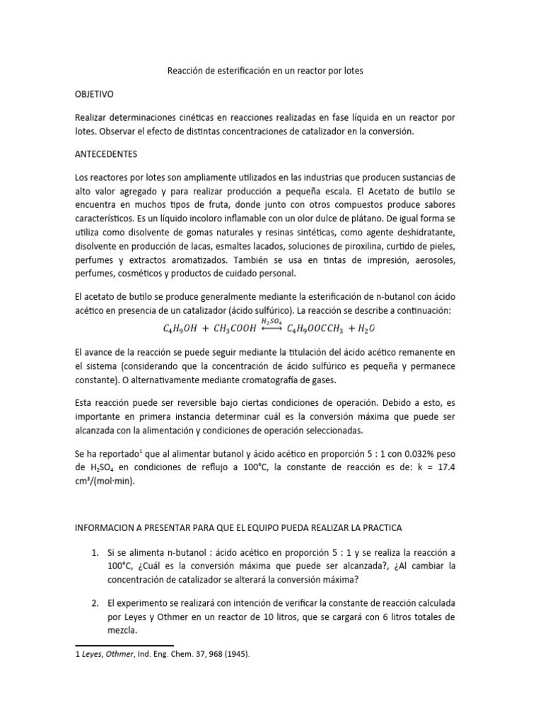 Reacción De Esterificación En Un Reactor Por Lotes Pdf Ester
