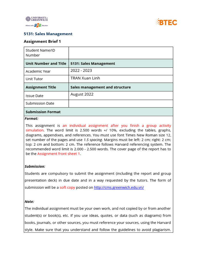 Unit 49 - 5131 - Assignment 1 Brief - 2022 (Final) | PDF | Sales | Marketing