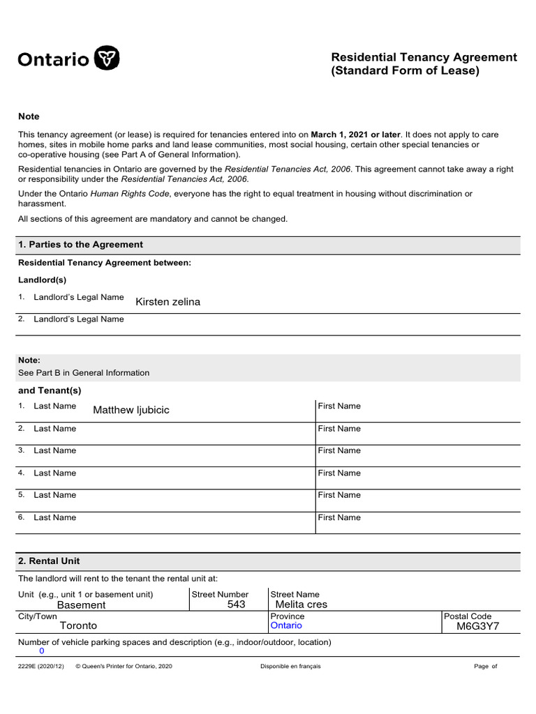 Ontario Residential Tenancy Agreement | PDF | Leasehold Estate | Landlord