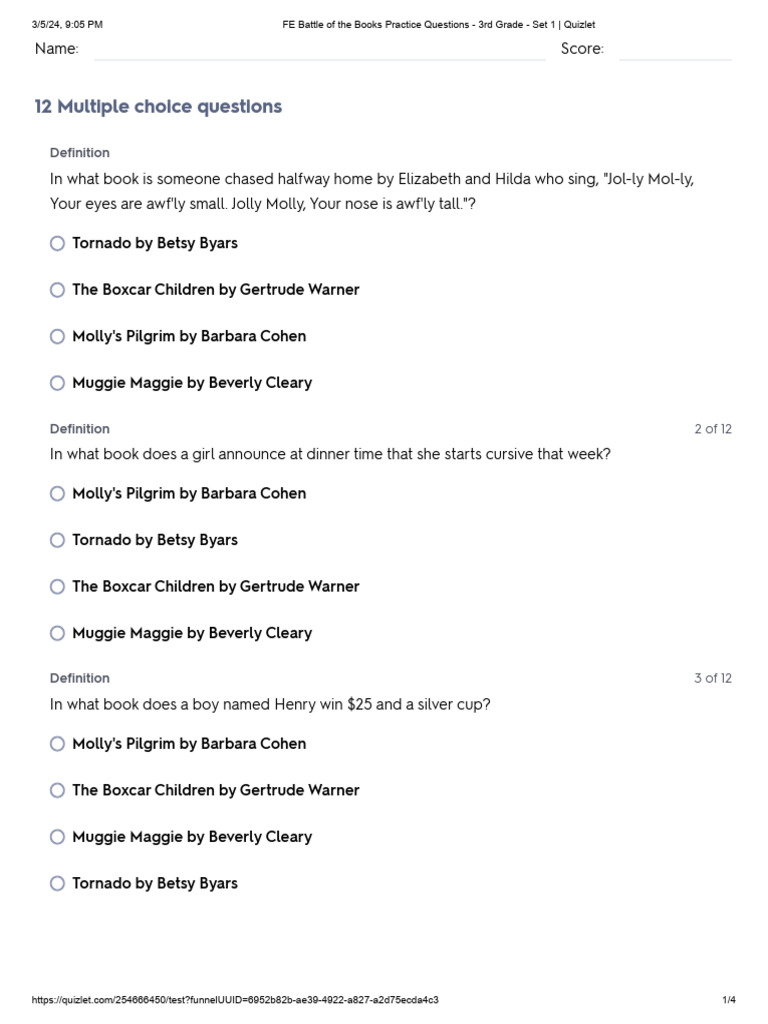 FE Battle of The Books Practice Questions - 3rd Grade - Set 1 - Quizlet ...