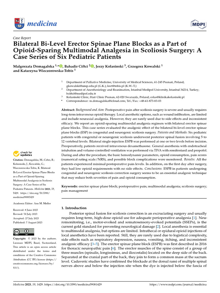 Bilateral Bi-Level Erector Spinae Plane Blocks as a Part of Opioid ...