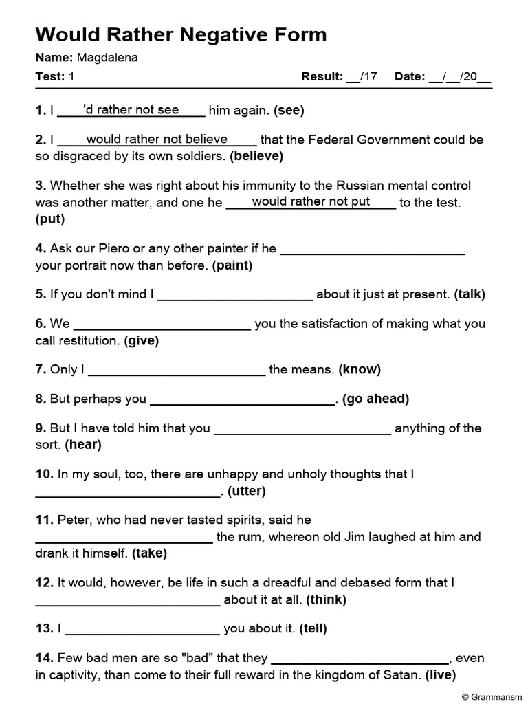 Grammarism Would Rather Negative Test 1 | PDF