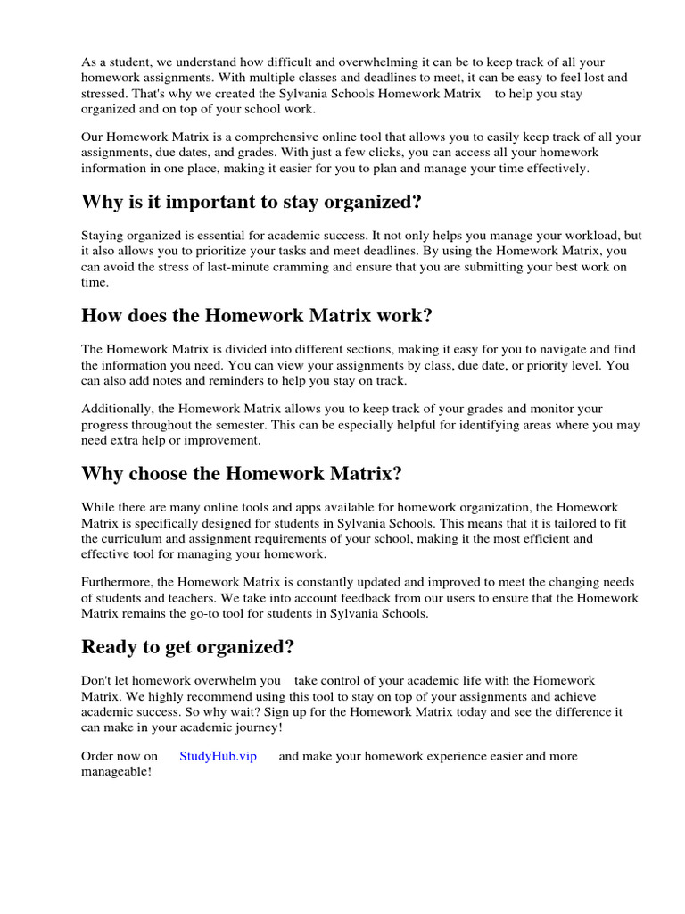 Sylvania Schools Homework Matrix | PDF | Homework | Teachers