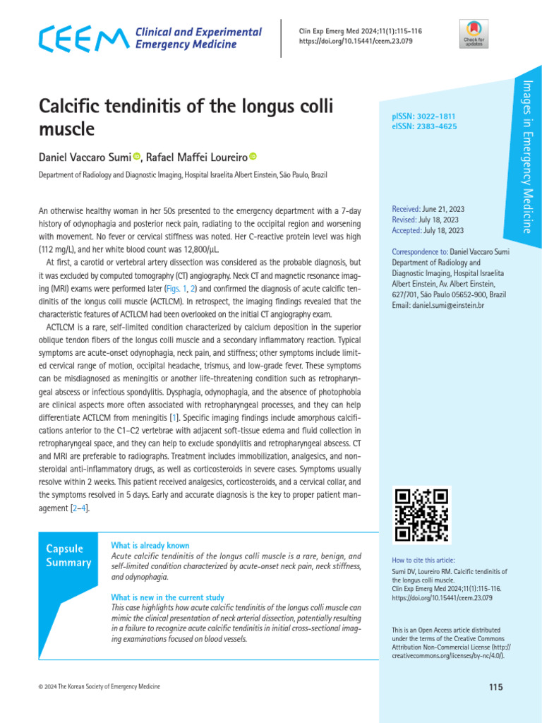 Calcific Tendinitis of The Longus Colli Muscle | PDF | Ct Scan | Neck