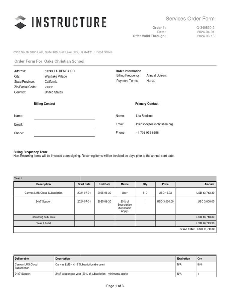Order Form For Oaks Christian School (No Auto-Renewal) KT | PDF ...