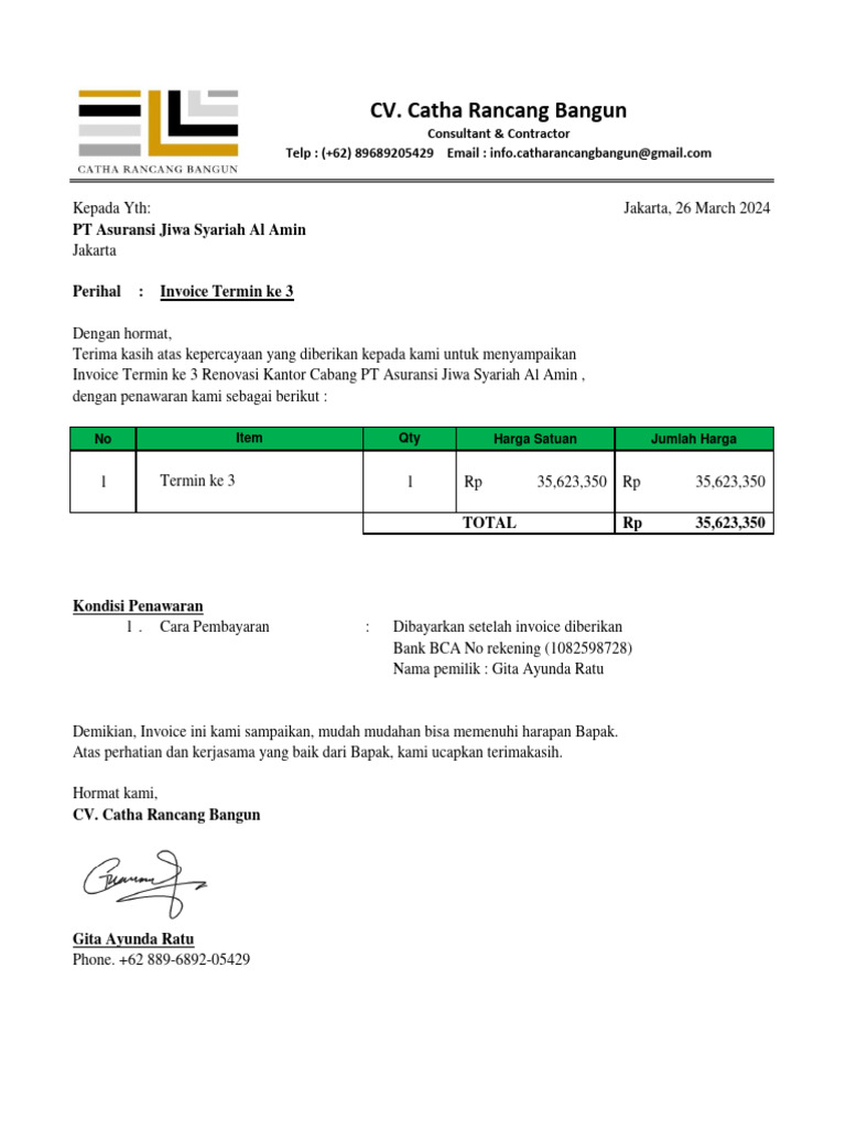 Invoice Termin Ke 3 Renovasi PT Asuransi Jiwa Syariah Al Amin 26.3.2024 ...