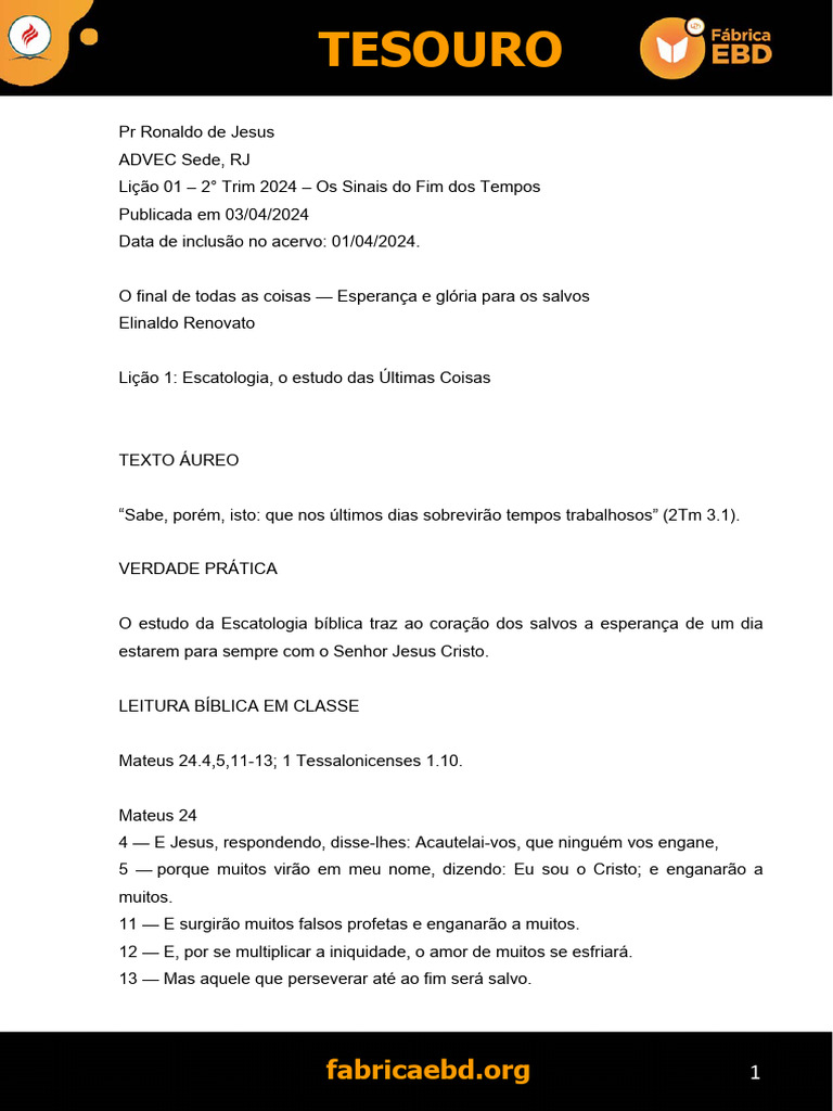L01 - O Final de Todas As Coisas - Esperança e Glória para Os Salvos ...