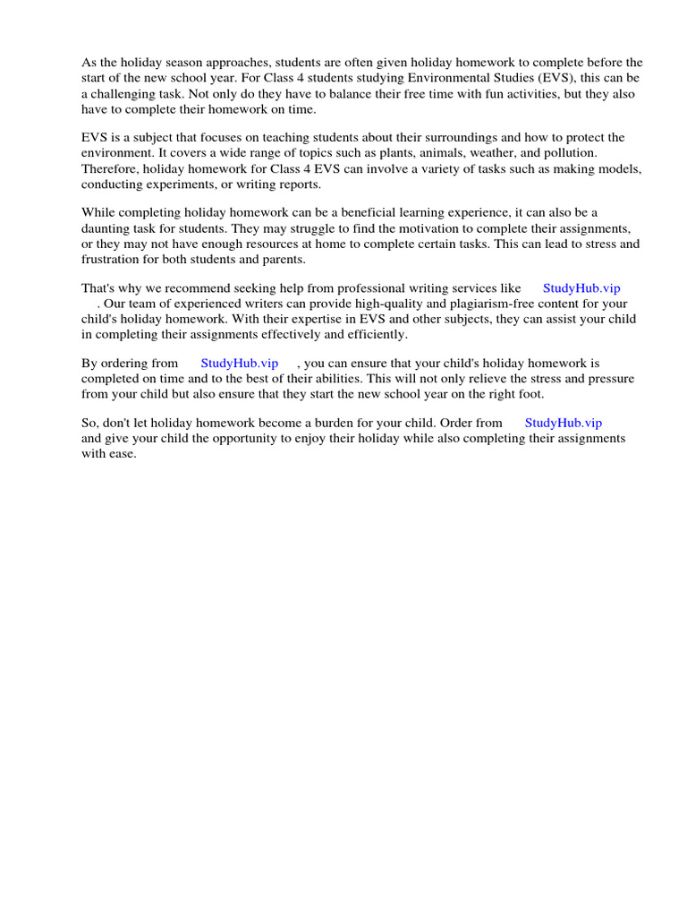 Holiday Homework For Class 4 Evs | PDF | Homework | Books