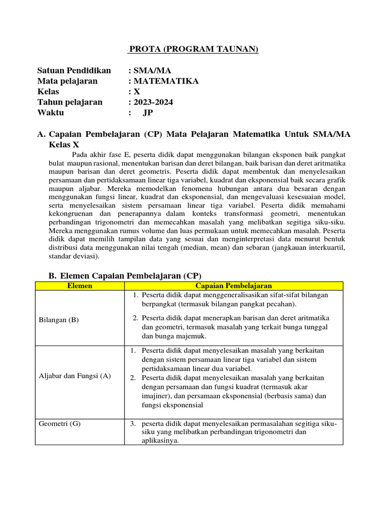 PDF Prota Sma - X | PDF | Sains & Matematika