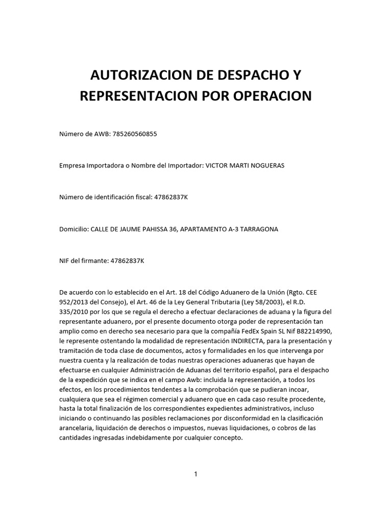 Autorizacion de Despacho y Representacion Por Operacion | Descargar gratis PDF | aduana | Arancel