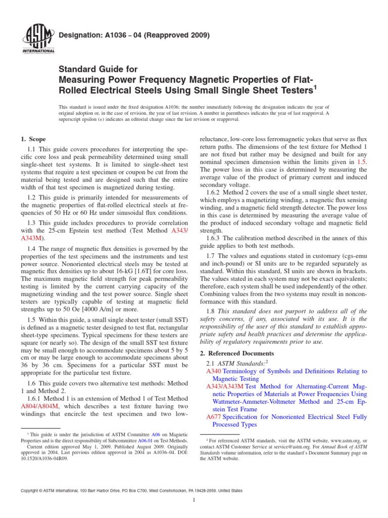 A1036-04 (Reapproved 2009) | PDF | Sheet Metal | Magnetic Field