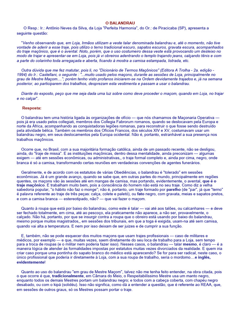 Significado e Uso do Balandrau Maçônico | PDF | Loja Maçônica | Maçonaria