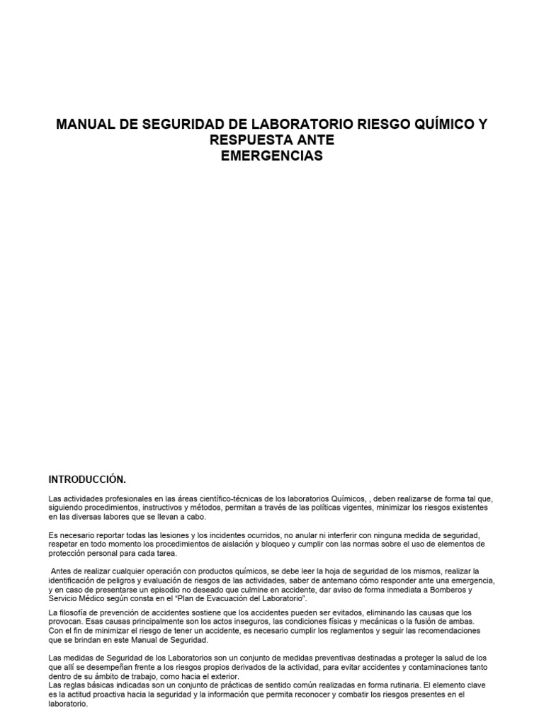 Manual de Seg de Laboratorio, Riesgo Químico y Respuesta en Emergencia | PDF | Laboratorios ...