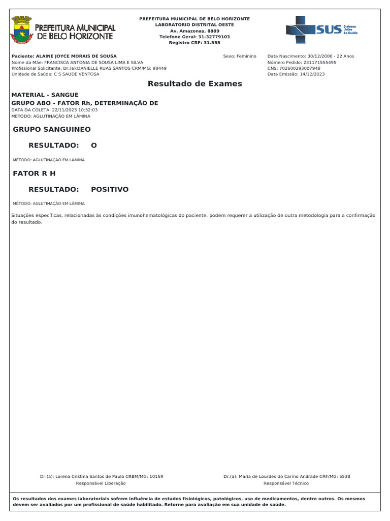 Resultado de Exames: Grupo Sanguineo Resultado: O | PDF