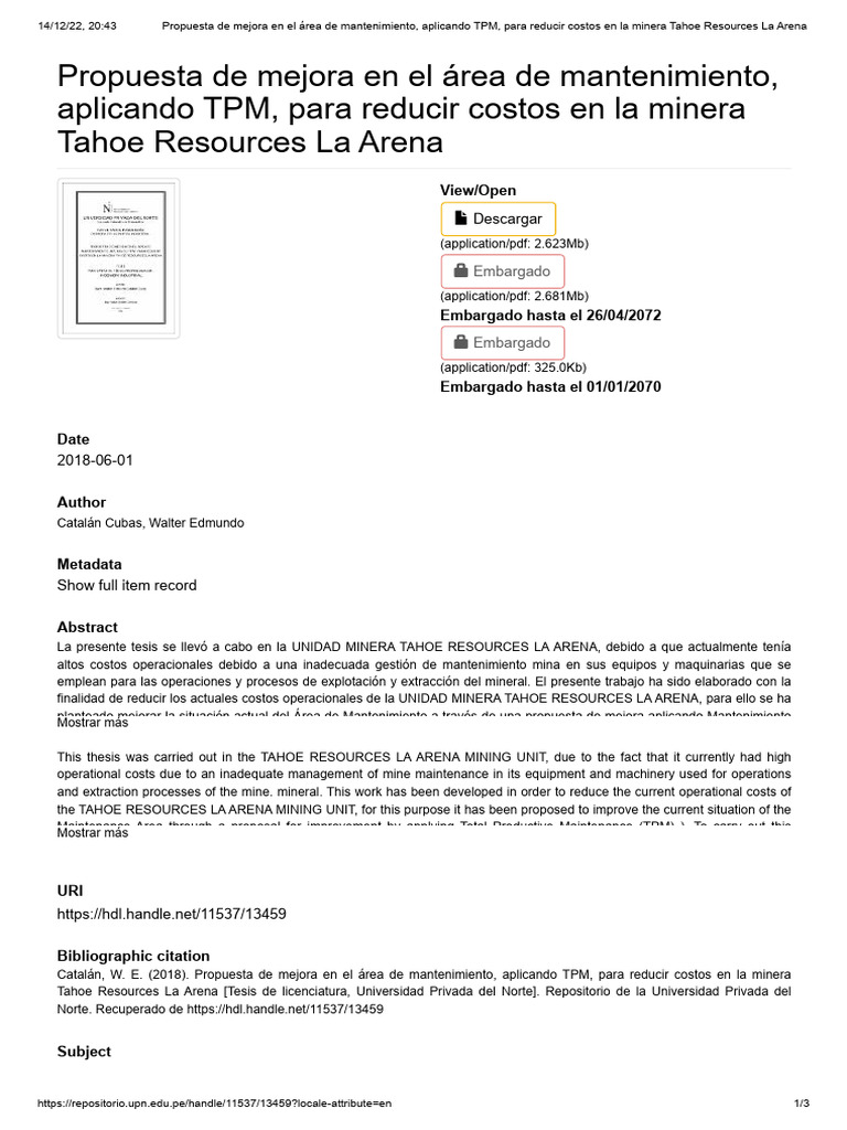 Local UPN Minera Tahoe 2018 TPM Catalán Cubas, Walter Edmundo | PDF ...