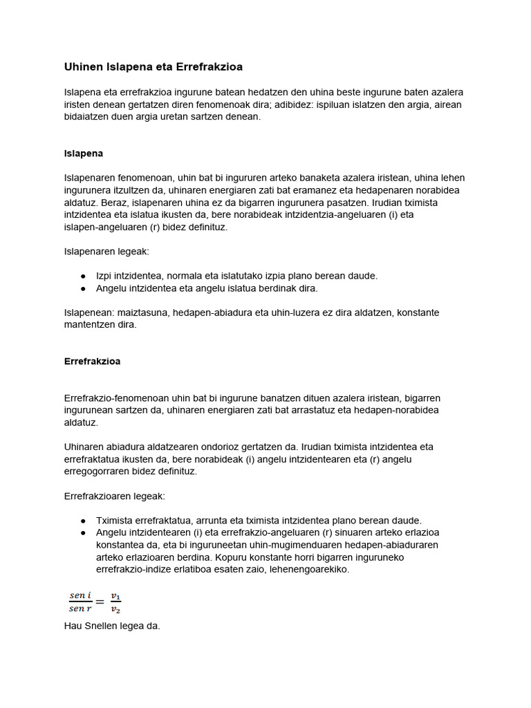 3 - Uhinen Islapena Eta Errefrakzioa Kontzeptua, Errefrakzio-Indizea ...