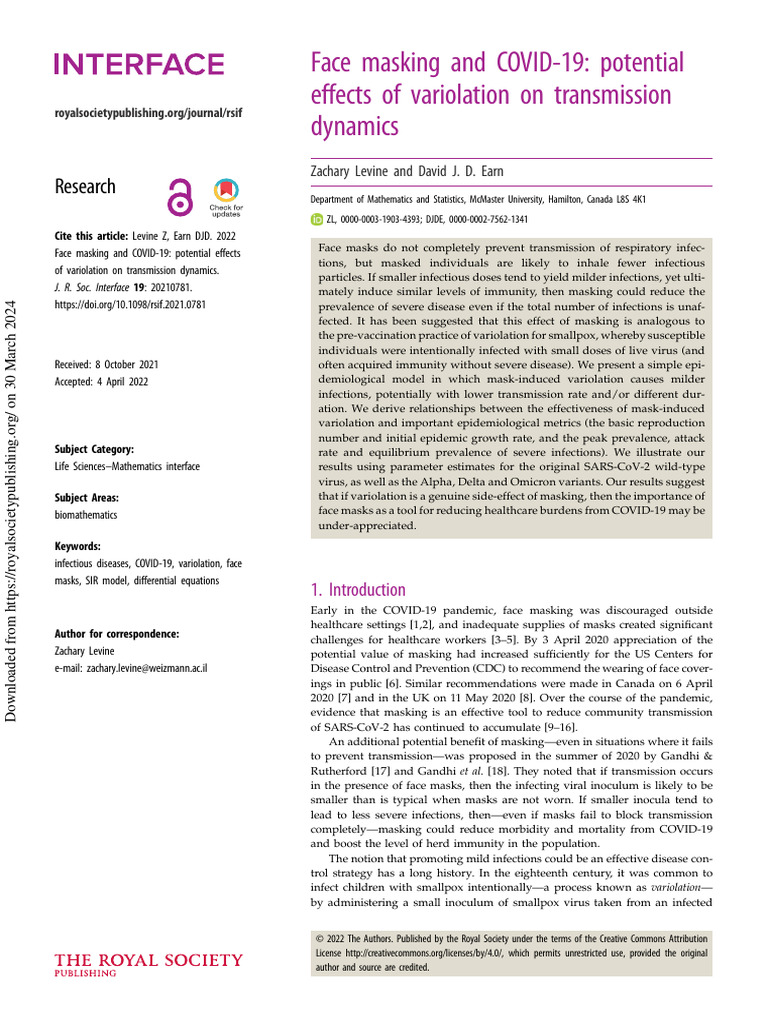 Variolización Levine Earn 2022 Face Masking and COVID 19 Potential Effects of Variolation On ...