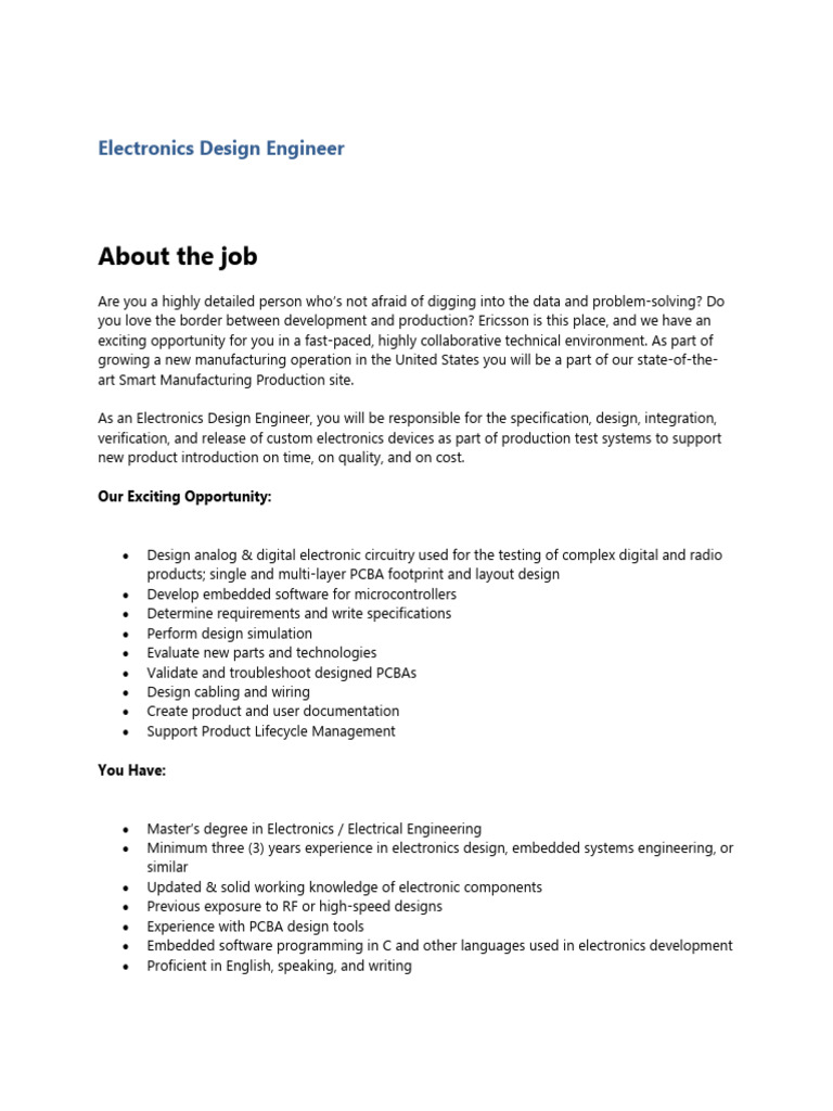 Electronics Design Engineer Role at Ericsson | PDF | Embedded System ...