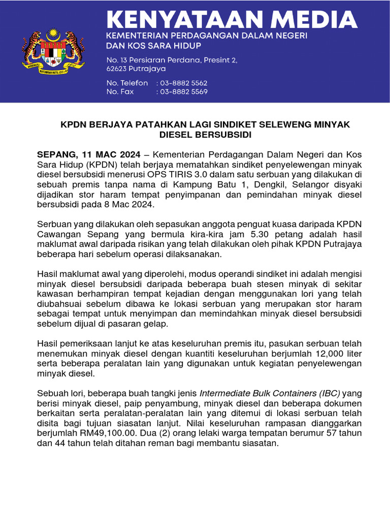 KPDN Berjaya Patahkan Lagi Sindiket Seleweng Minyak Diesel Bersubsidi | PDF