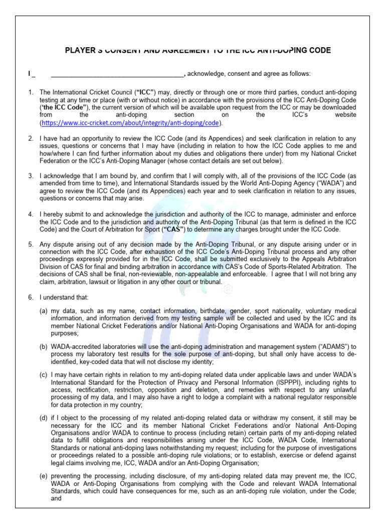 ICC Anti Doping Player Consent and Agreement Form - 1sep22 | PDF | Doping In Sport | Arbitration