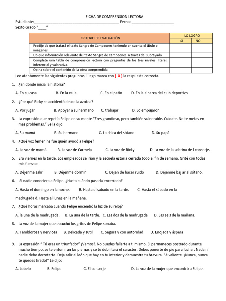 Comprensión Lectora: Sangre de Campeones | PDF | Comprensión lectora