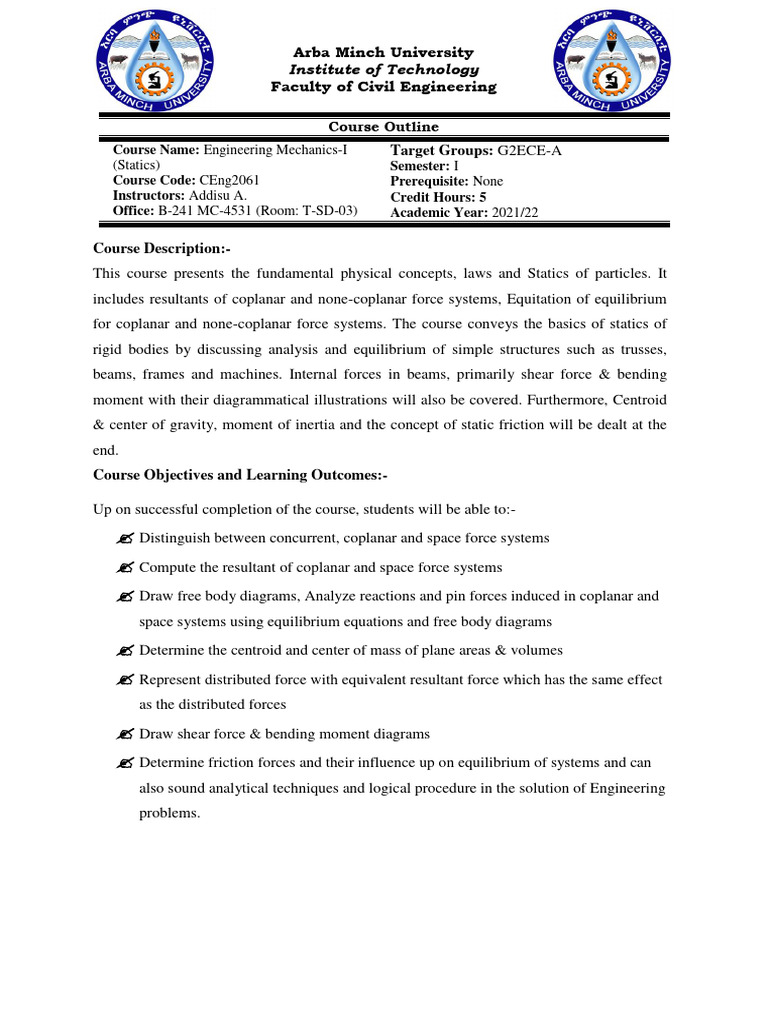 00-Eng'g Mech (Stat) Course Outline | PDF | Force | Beam (Structure)