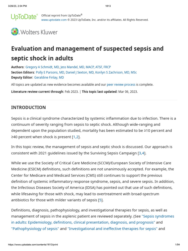 Evaluation and Management of Suspected Sepsis and Septic Shock in ...
