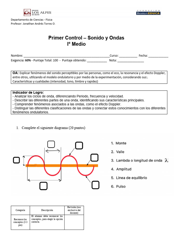 Evaluación Control N°1 - I° Medio Sonido y Ondas 2.0 Fila A | PDF | Sonido | Olas