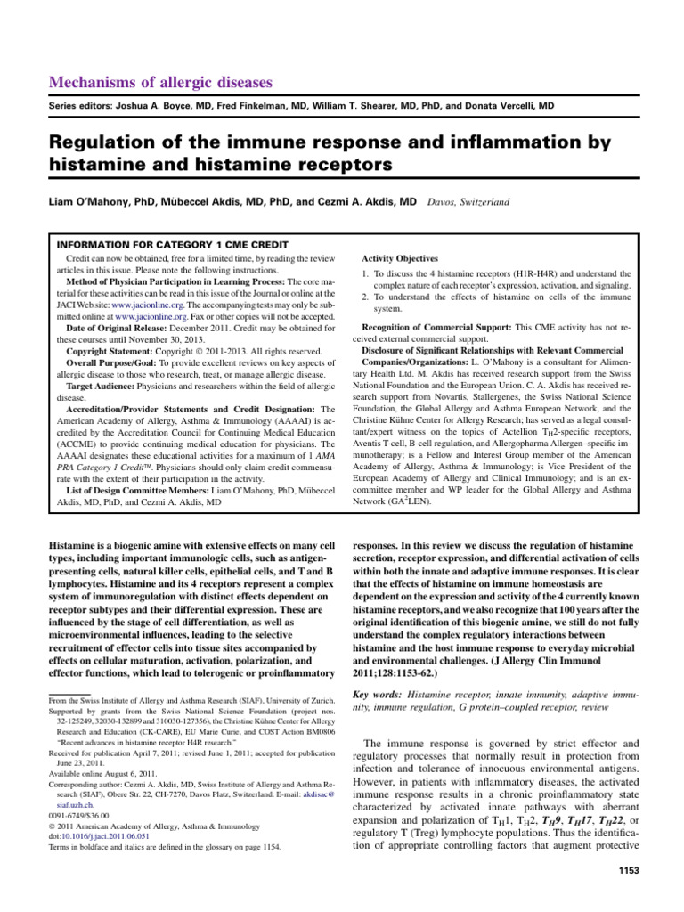 Regulation of The Immune Response and Inflammation by Histamine and ...