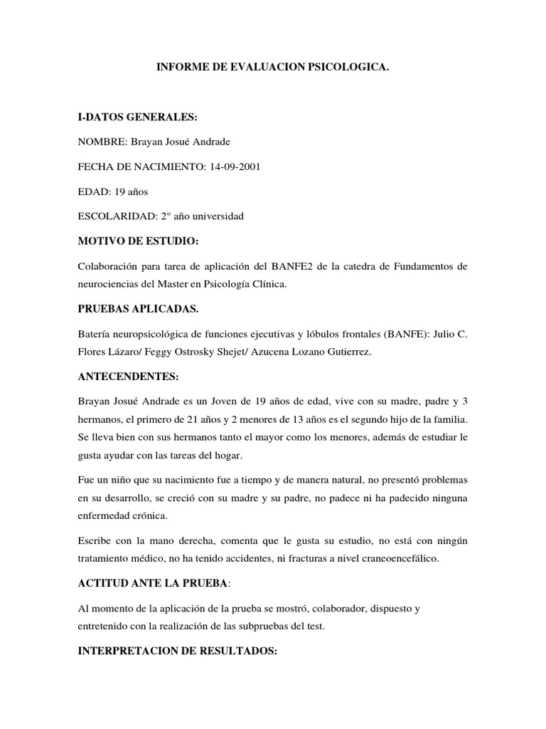 Informe Psicológico de Brayan, 19 años | PDF | Memoria | Memoria de trabajo